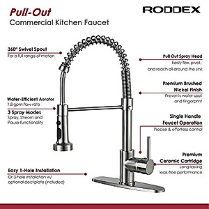 RODDEX Kitchen Faucet Stainless Steel Solid Brass Single Handle Single Hole Sink Faucets with Pause Button, 3 Hole Cover Deck Plate Pull Out Pullout Sprayer, Silver & Brushed Nickel …