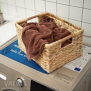 Large Wicker Basket Rectangular with Wooden Handles for Shelves, Water Hyacinth Basket Storage, Natural Baskets for Organizing, Wicker Baskets for Storage 14.5 x 10.3 x 7.5 inches - 3 Pack