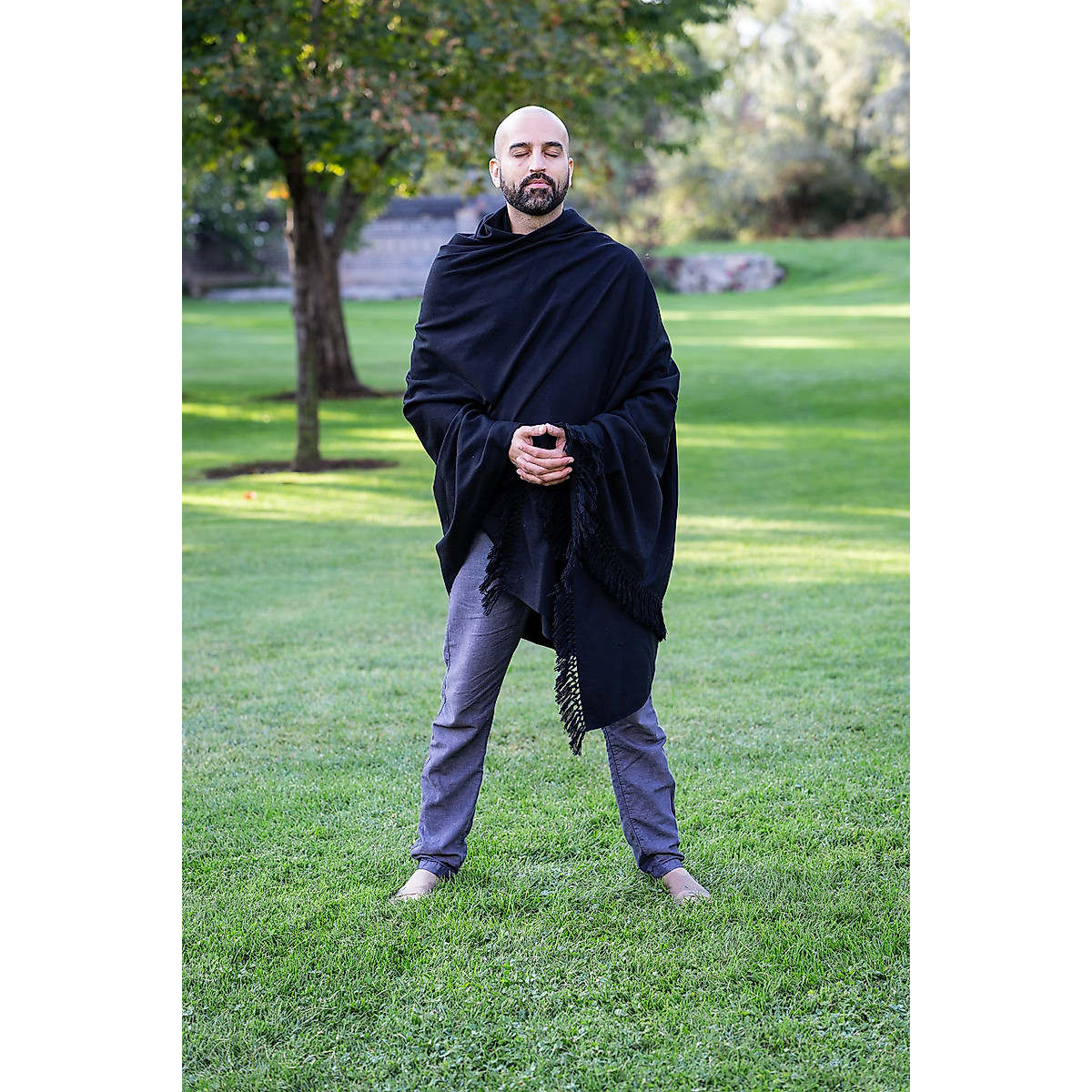 Om Shanti Crafts Meditation Shawl or Meditation Blanket, Wool Shawl or Wrap, Oversize Scarf or Stole, Wool Throw, Indian Blanket. Unisex (Black)