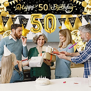 Large 9.8X1.6ft Happy 50th Birthday Decoration Banner, Black and Gold Happy Birthday Party Decoration Set Anniversary Celebration Backdrop 50th Birthday Foil Latex Balloons for Men and Women