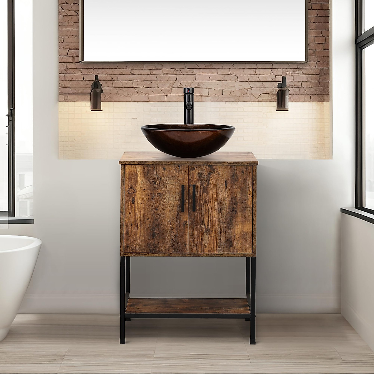 UEV 24" Antique Bathroom Vanity, Dark Brown Bathroom Vanity Set with Sink Combo, Iron Wood Bathroom Cabinet with Adjustable Water Temperature Faucet (A09)