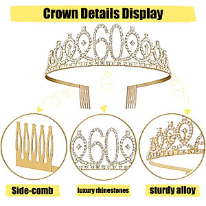 AgQrDkrc 60th Birthday Decorations for Women - Gold, Includes Crown, Sash, Cake Topper, Number Candles & Balloons