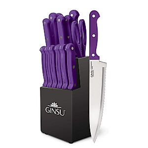 Ginsu Kiso 14-Piece Purple Knife Set with Black Block - Dishwasher Safe and Always Sharp