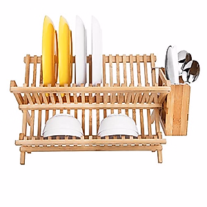 Lawei Bamboo Dish Drying Rack with Utensil Holder - Collapsible Dish Drainer Foldable Dish Rack Bamboo Plate Rack for Plates, Cups, Mugs, Utensil, Flatwares