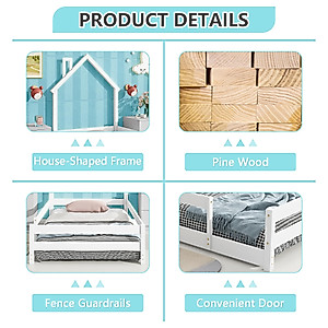 Dolonm Twin Size Montessori Toddler Floor Bed Frame, Modern House-Shaped Frame Headboard Bed with Fences, Pine Wood with Full-Length Guardrails, Bed for Girls Boys(Without Slats), White