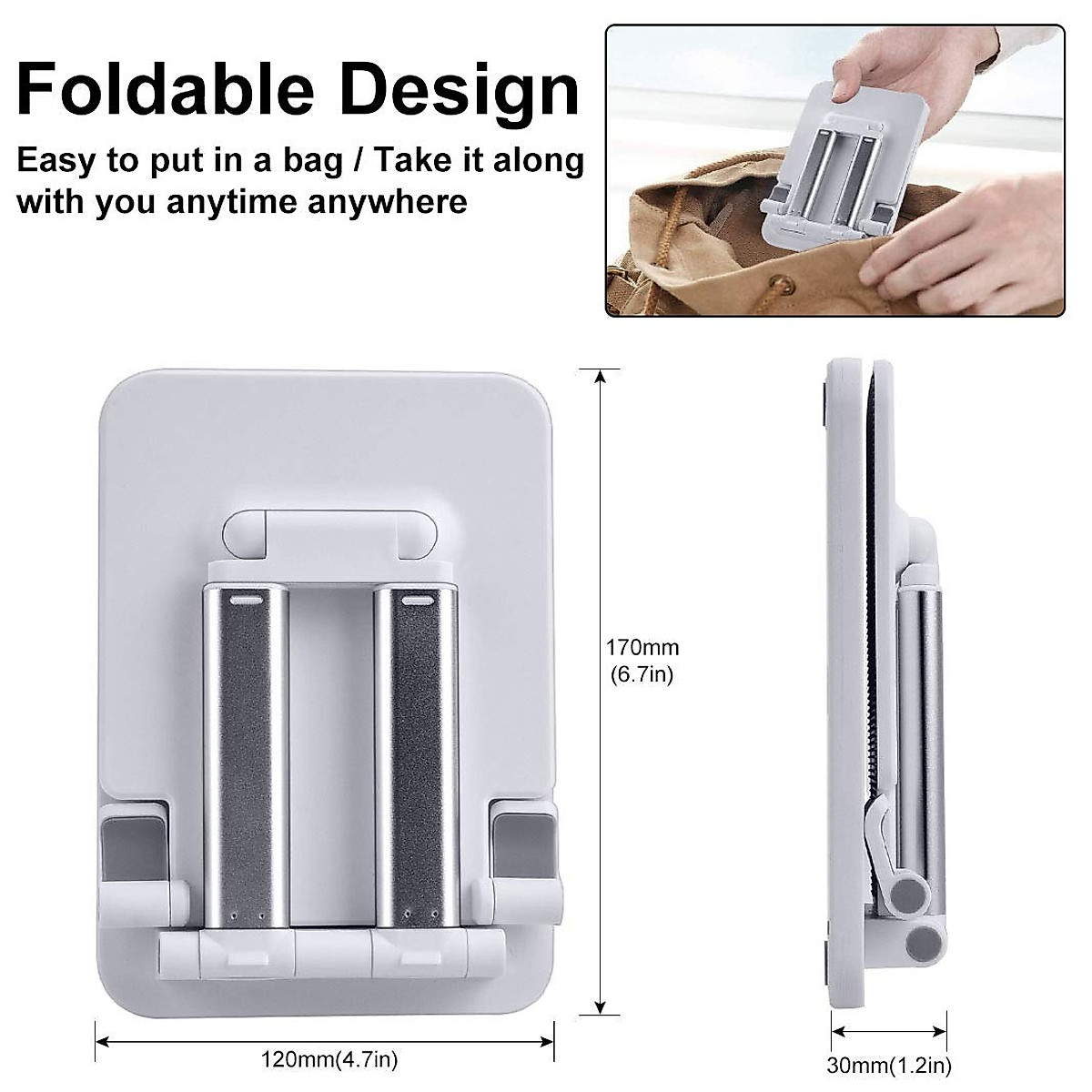 Rosa Schleife Tablet Stand Adjustable Height, Foldable Tablet Holder, Dual Tube Aluminum Solid Tablets Holder, Compatible with iPad, Kindle, Microsoft Surface, Tab, E-Reader, 4-15'' (White)