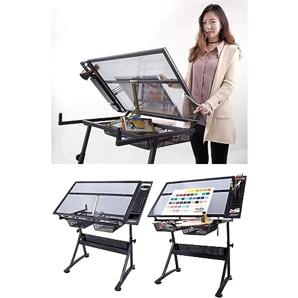 XiVue Drafting Table with Storage, Height Adjustable Tiltable Art Desk, Glass Panel Drawing Desk, for Work Study Painting Craft Table