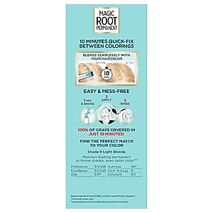 L'Oreal Paris Magic Root Rescue 10 Minute Root Hair Coloring Kit, Permanent Hair Color with Quick Precision Applicator, 100 percent Gray Coverage, 9 Light Blonde, 1 kit (Packaging May Vary)