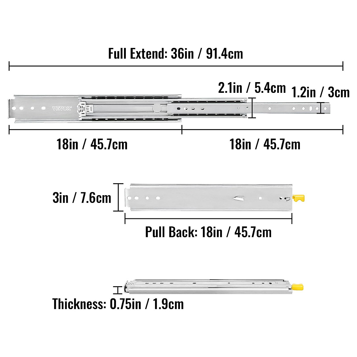VEVOR Drawer Slides 18inch, 1 Pair Locking Drawer Slides 500lbs Load Capacity, Side Mount Ball Bearing, 3-Fold Full Extension