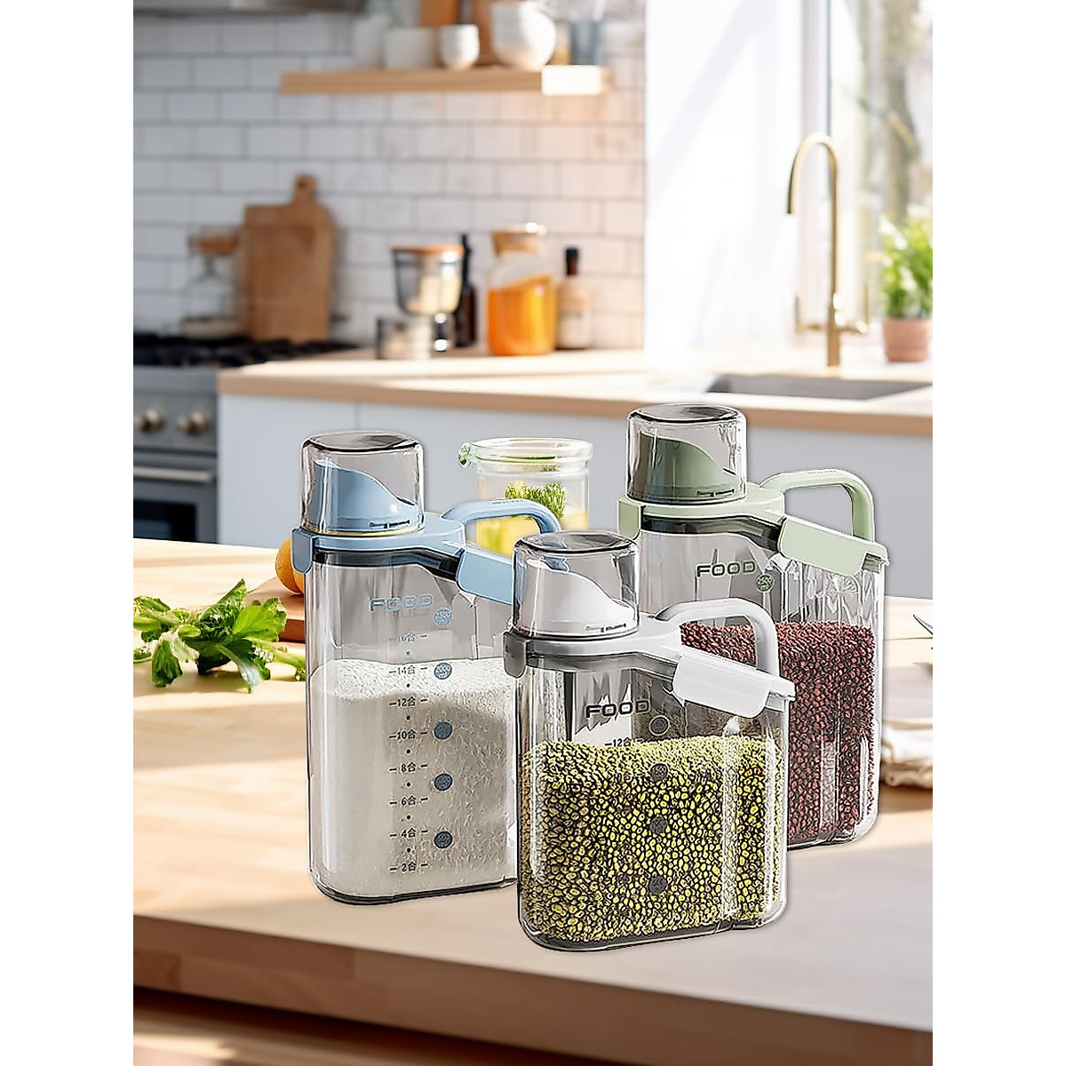 Livaprul Rice container storage tank, kitchen storage container, sealed food storage, sealed design measuring cup. With pouring port, suitable for oatmeal, grains, rice, flour (blue, 1600ML)