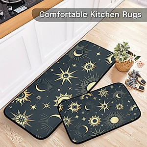 ZENWAWA Alchemy Star Moon Sun Anti Fatigue Kitchen Mat 2 Pieces Set Cushioned Kitchen Rug Waterproof Non Slip Comfort Standing Padded Floor Rugs