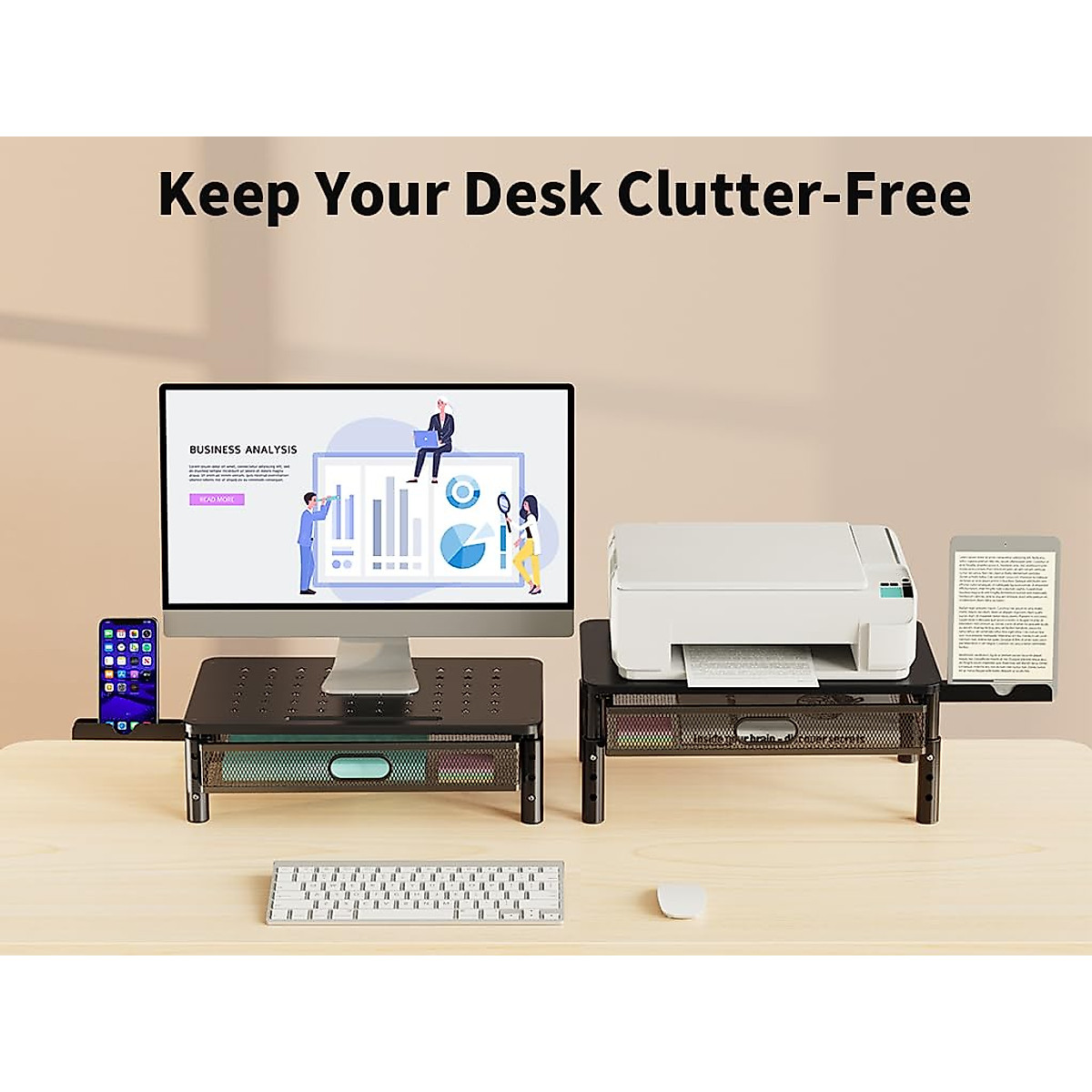 Zimilar Monitor Stand Riser with Metal Mesh Drawer, Height Adjustable Monitor Riser with Phone Holder for Computer, Laptop, Printer, Notebook, Premium Metal Computer Monitor Stand with Storage