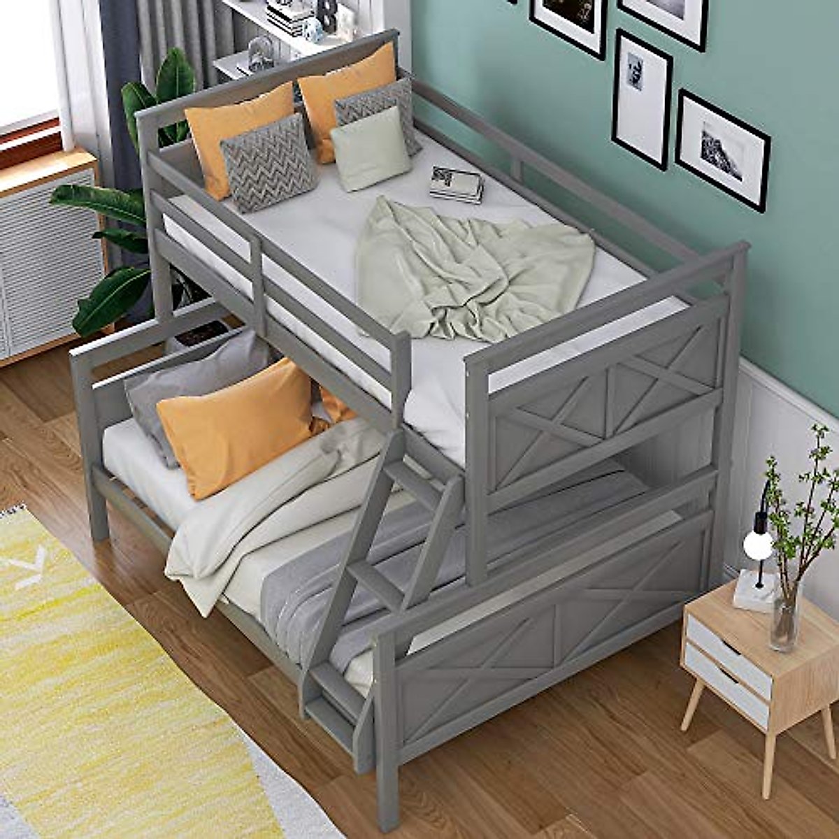 Ochangqi Twin Over Full Bunk Bed Frame with Ladder, Solid Wood Bunk Beds Loft Bed Frame Twin Over Full Size with Guardrail, Can Be Separated Into Twin/Full Size Bed, No Box Spring Needed (Gray)