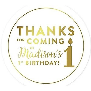Andaz Press Personalized Round Circle Birthday Favor Gift Labels Stickers, Metallic Gold Ink, Thanks for Coming to My 1st Birthday, 40-Pack, Custom Made Name, Gold Invitations Stationery