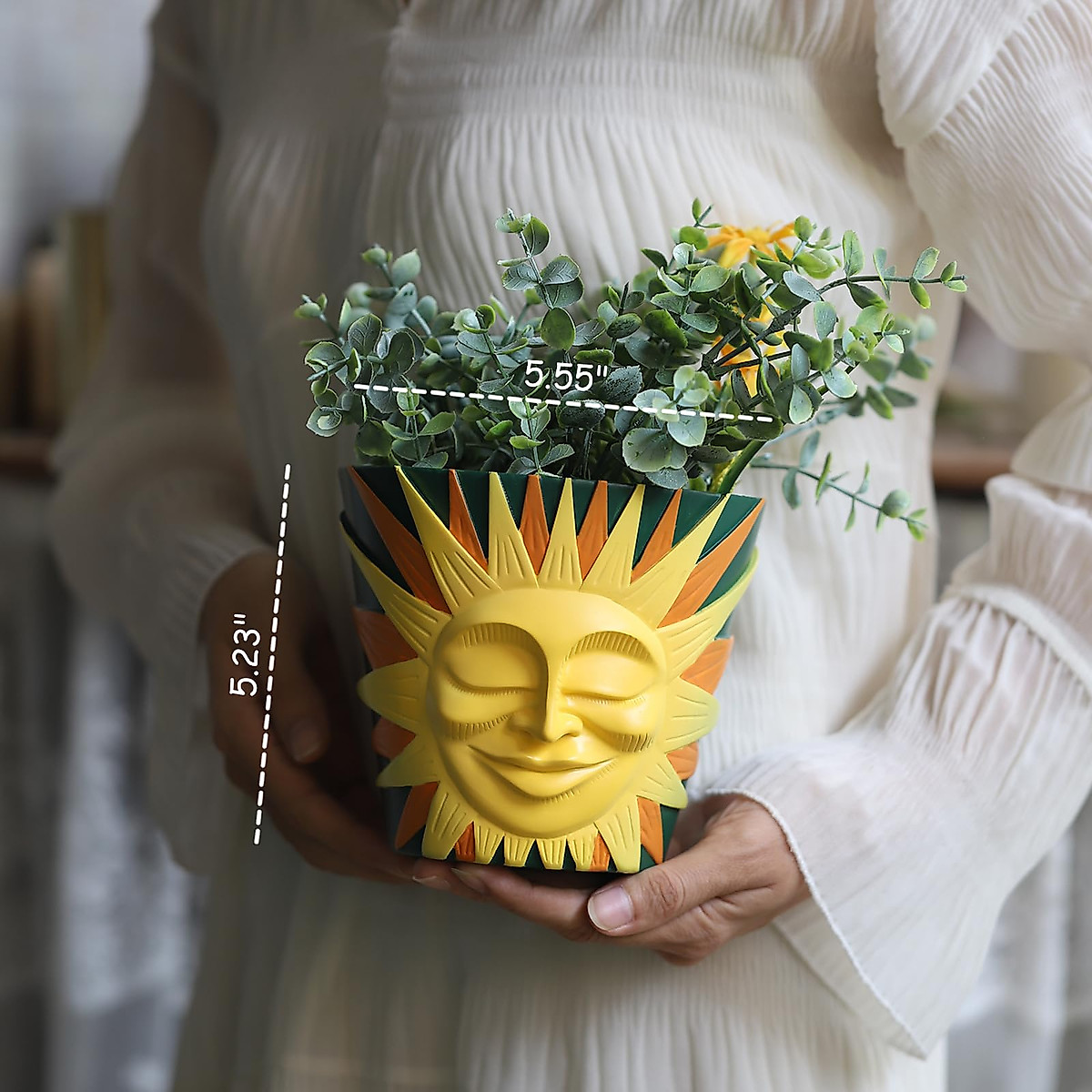 GUGUGO Sun Face Planters Pots Head Unique Head Planter with Drainage, Cute Flower Plant Pot for Indoor & Outdoor Plants, Funny Succulent Gardening Pots for Plant Lover Gifts (Green Back,5.5Inch)