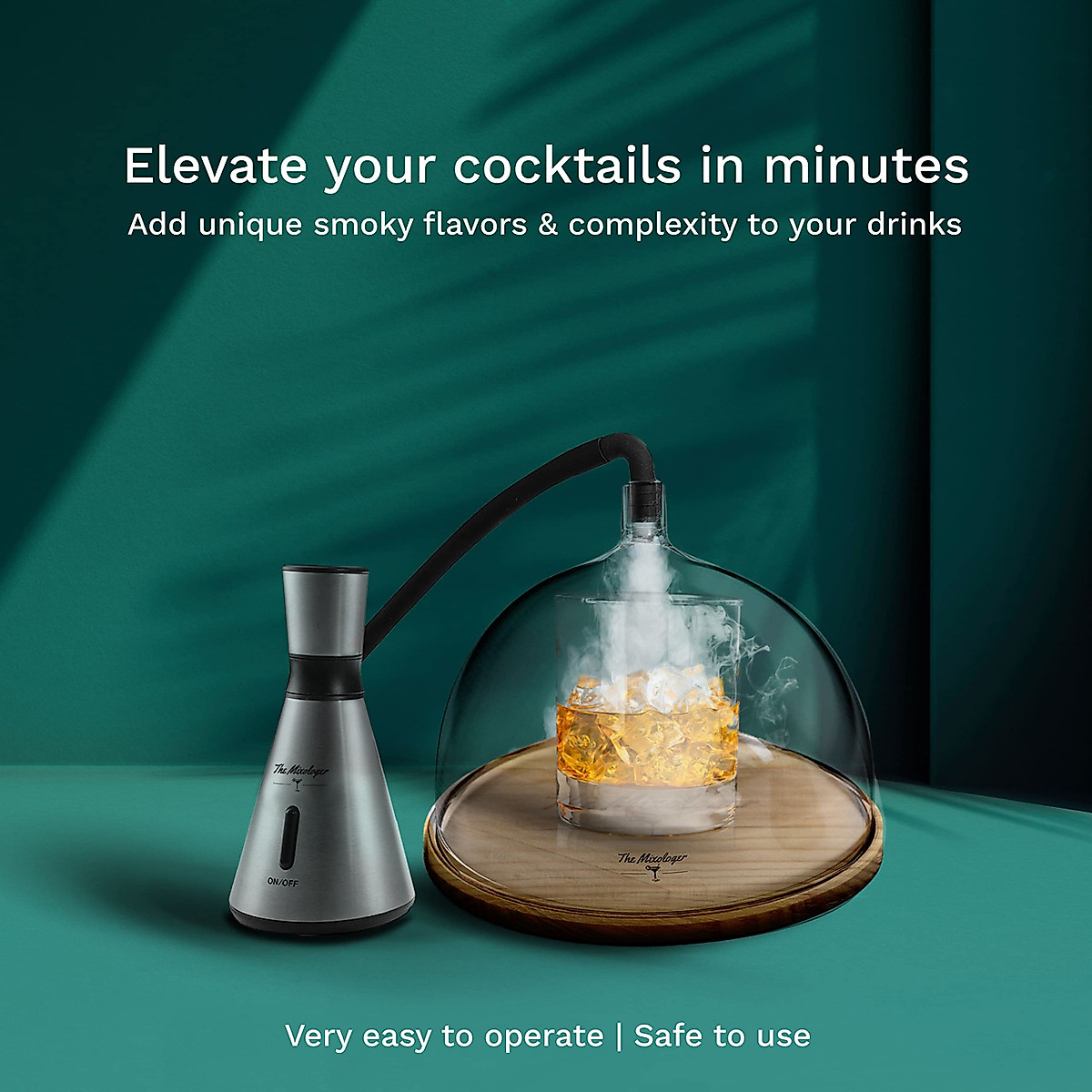 The Mixologer Cocktail Smoker Kit | Whiskey & Drink Smoker Infuser | Stainless Steel Smoker, Dome, Wood Plate & 3 Wood Chips | Ideal to Prepare Elegant Smoky Cocktails at Home |