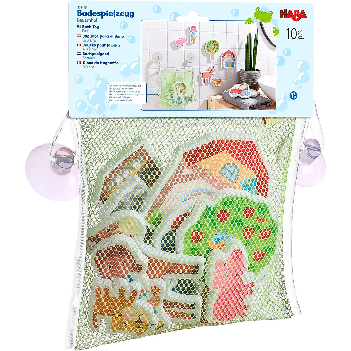HABA Farm Puzzle in Net - 10 Piece Bath Toy with Suction Cup Storage Net