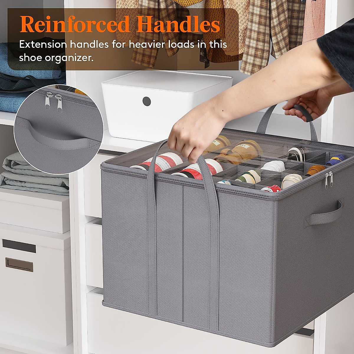 Lifewit Shoe Storage Organizer for Closet, Fits 12-16 Pairs, Large Shoe Box Storage Containers with Clear Cover and Reinforced Handles, Foldable Storage Bins Fits for Boots Heels Sneakers, 2 Pack Gray