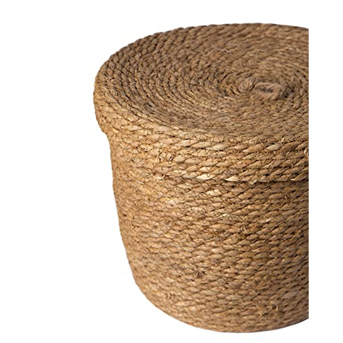 Handcrafted basket with lid. Decorative Baskets for storage. Natural rope basket with lid. Woven Seagrass baskets for blanket. Lidded Basket design. Round decorative basket. (Small)