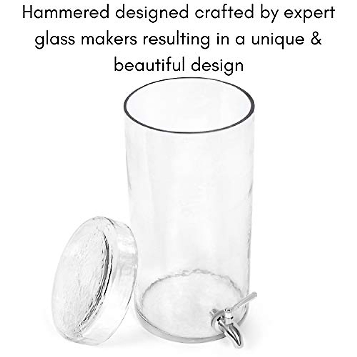 BIRDROCK HOME 1.5 Gallon Beverage Dispenser with Lid - Hammered Glass - Stainless Steel Spigot - Decorative Round Jar for Drinks - Lemonade Sangria Tea Water Drink Jar Jug - Home Parties