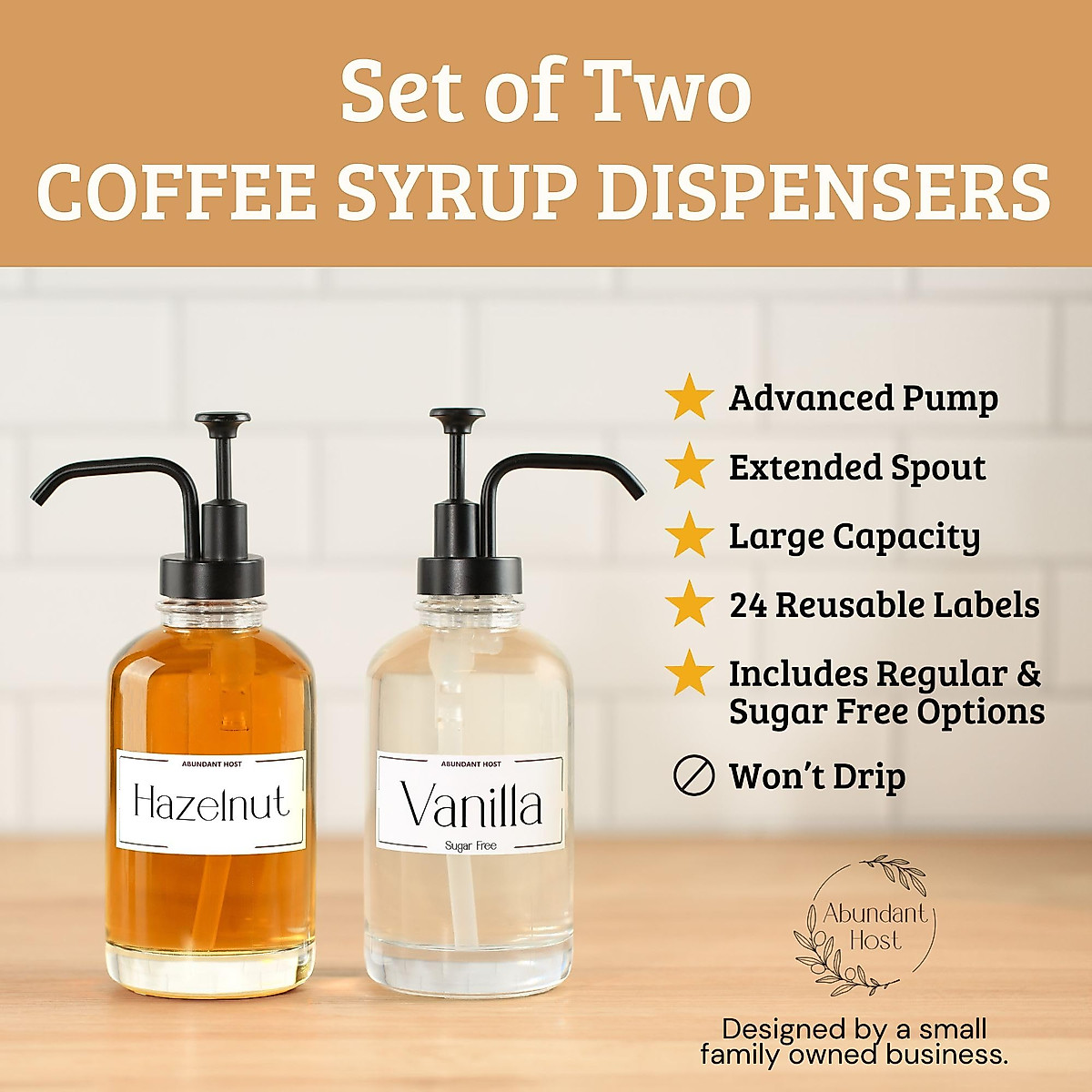 Coffee Syrup Dispenser with Pump, Set of 2, Coffee Bar Syrup Dispenser with Silicone Funnel, Glass Coffee Syrup Bottles for Coffee Bar, Black Syrup Pumps for Coffee Bar, Coffee Pumps for Syrup