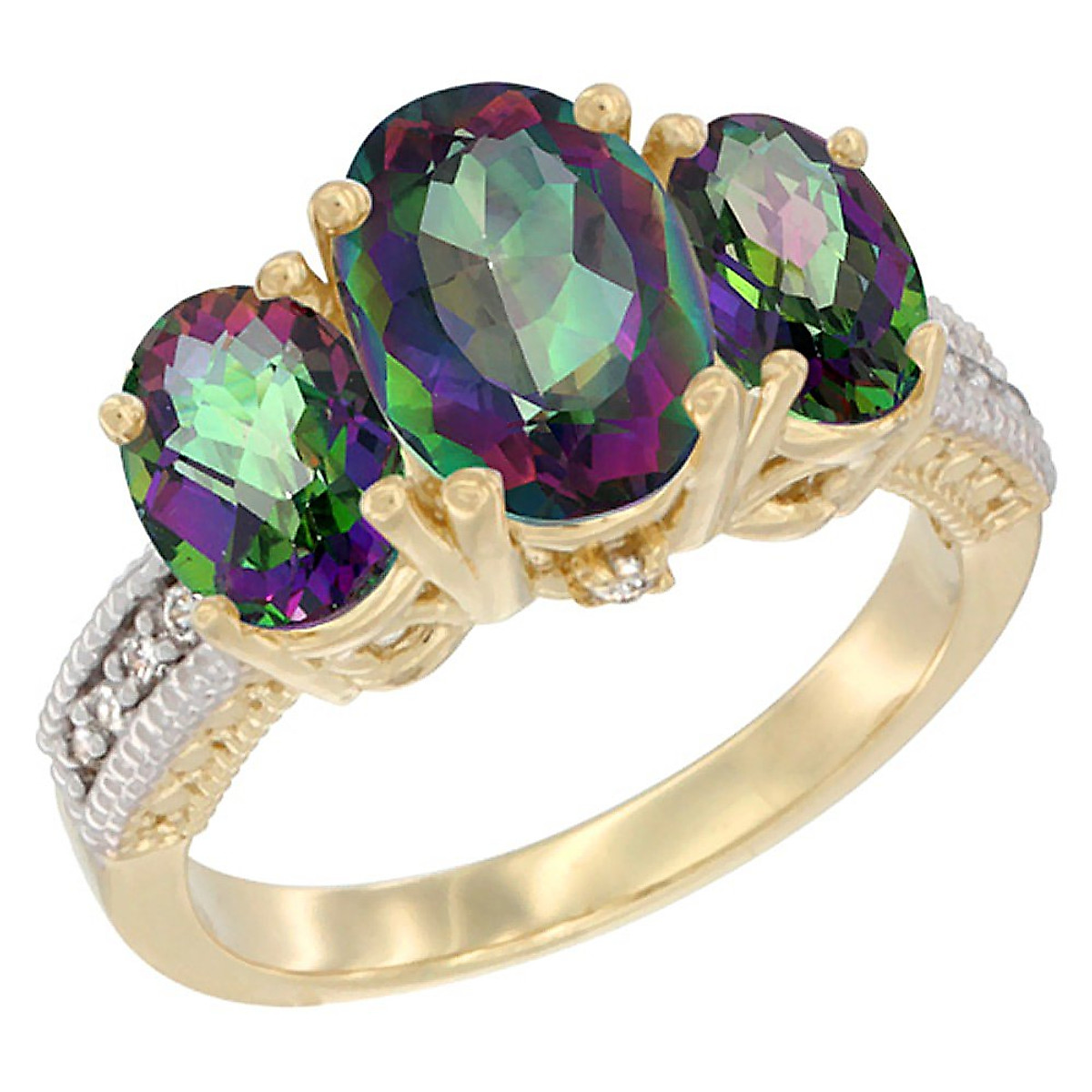 14K Yellow Gold Diamond Natural Mystic Topaz Ring 3-Stone Oval 8x6mm, size 9