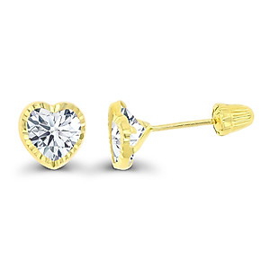 Solid 14K Yellow Gold 4mm Heart Shaped Cubic Zirconia Diamond Cut Bezel Screw Back Stud Earrings, 4mm