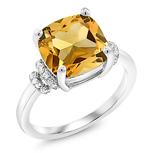 Gem Stone King 925 Sterling Silver Yellow Citrine Engagement Ring For Women (3.51 Cttw, Cushion Cut 10MM, Gemstone Birthstone, Available in size 5, 6, 7, 8, 9)