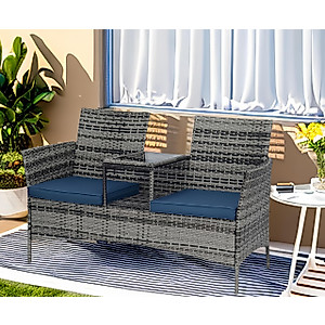 PatLoom Outdoor Patio Loveseat Set with Coffee & Cushions, 2-Seat Wicker for Rattan, Garden, Lawn Weather Resistant