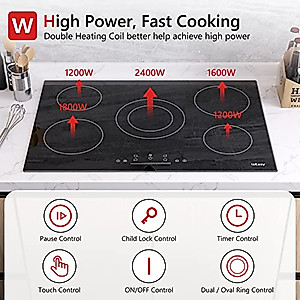 Electric Cooktop 30 Inch, IsEasy Ceramic Cooktop 5 Burners Electric Stove Top Built-in Countertop 8200W Electric Radiant Cooktop with 9 Heating Level, 220-240V, Hard Wire, No Plug