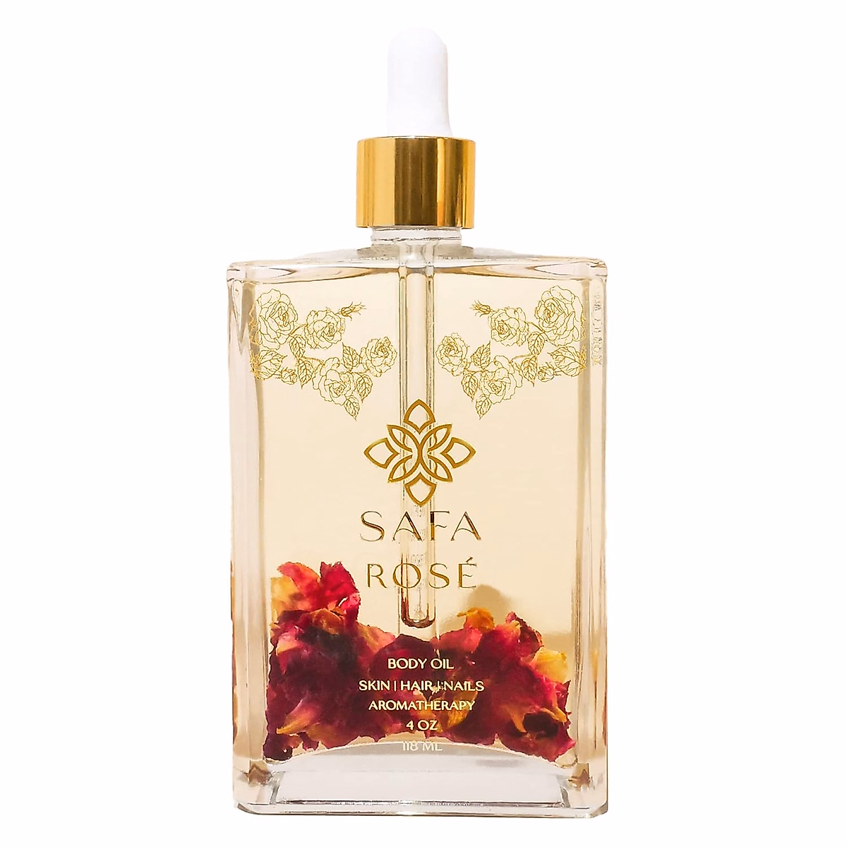 SAFA Rosé Oil - Organic Oil for Face, Body, Hair, Nails & Aromatherapy | Bulgarian Rose Essential Oil & Organic Floating Rose Petals | Moisturizer for Women & Men - 4 Fl Oz (1)