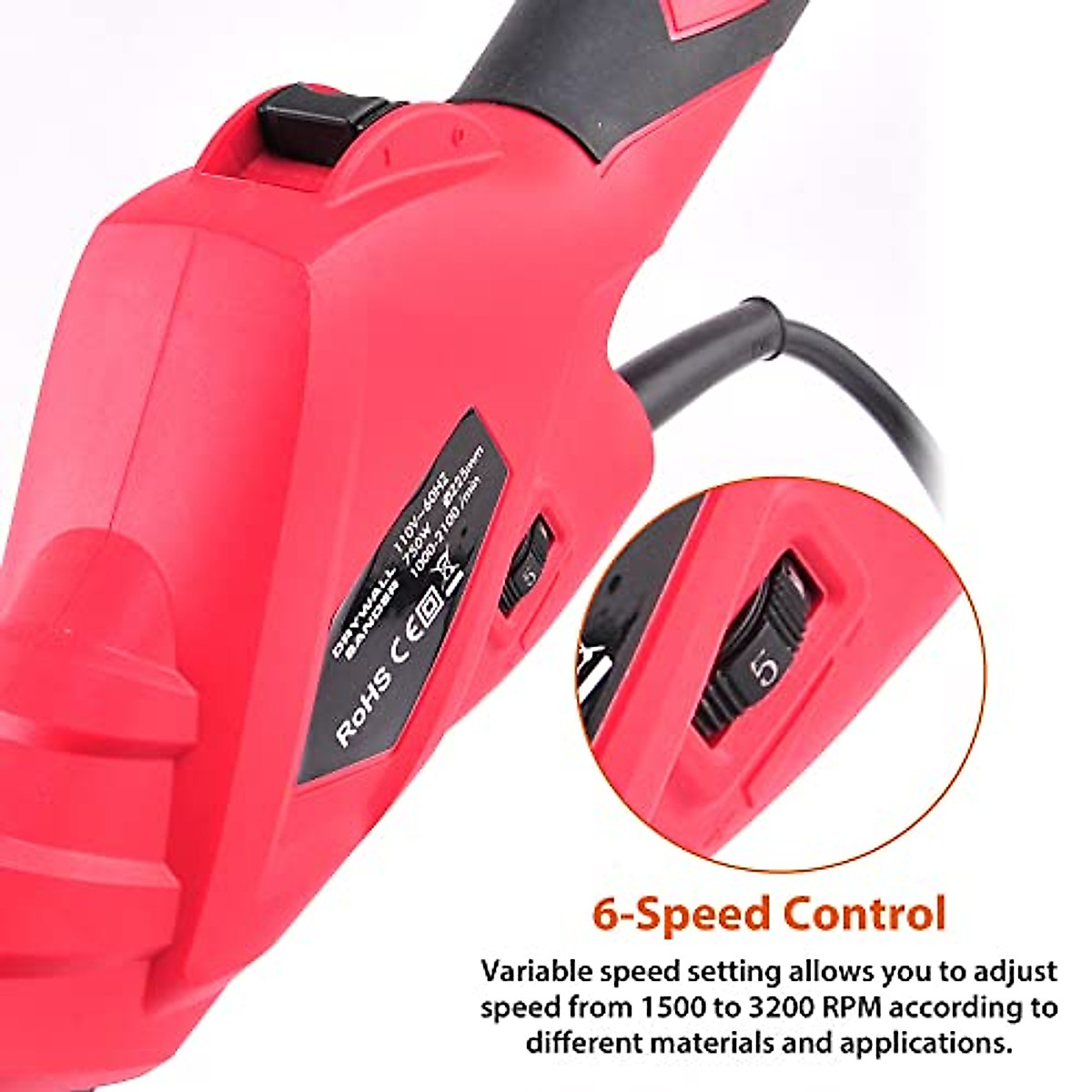 Electric Drywall Sander,750W Popcorn Ceiling Sander with Double-Deck LED Lights,Power Drywall Sander with 6 Variable Speed,1000-2100 RPM,Extendable Aluminum Handle,Long Vacuum Pipe,12 Sanding Papers