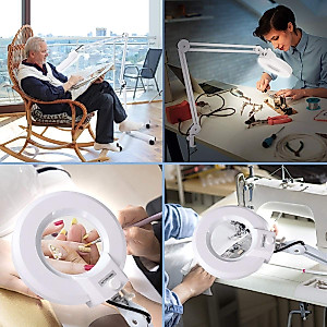 Magnifying Floor lamp with 5 Wheels Rolling Base for Estheticians - 1,500 Lumens LED Dimmable Light with Magnifying Glass, 8-Diopter Lighted Magnifier for Reading, Crafts, Sewing, Close Work(5X)