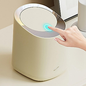 FLUSTDER Mini Countertop Garbage Can Small Plastic Wastebasket Waste Can with Press Type Lid Desktop Trash Can for Bathroom Bedroom Living Room (Cream White)
