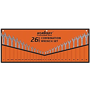 HORUSDY 26-Piece Wrench Set | Combination Wrench Set with Roll-up Pouch | SAE 1/4” - 1” and Metric 8mm - 24mm Wrench Set Metric and Standard