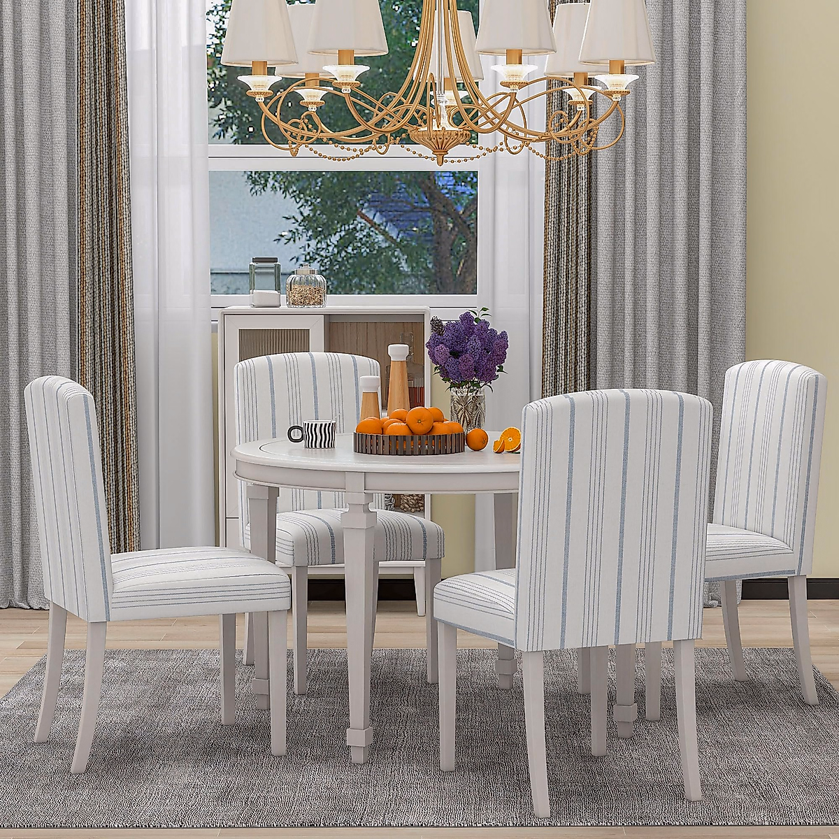 FIQHOME 5 Pieces, Round Solid Wood Legs and 4 Striped Fabric Upholstered Chairs, Set for 4, Dining Table for Small Spaces, Apartment,White