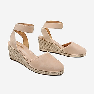 DREAM PAIRS Women's Nude Closed Toe Elastic Ankle Strap Espadrilles Wedge Sandals Size 9.5 M US Amanda-1