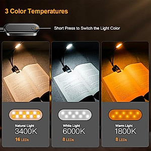Gritin 16 LED Rechargeable Book Light for Reading in Bed- Eye Caring 3 Color Temperatures, Stepless Dimming Brightness, 80 Hrs Runtime, Lightweight Flexible Clip on Light for Book Lovers