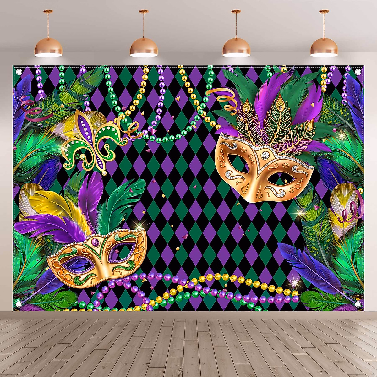 Swepuck 7x5ft Mardi Gras Photography Backdrop Masquerade Carnival Background Fiesta Purple Green Gold Beads Mask Party Decorations Photo Banner