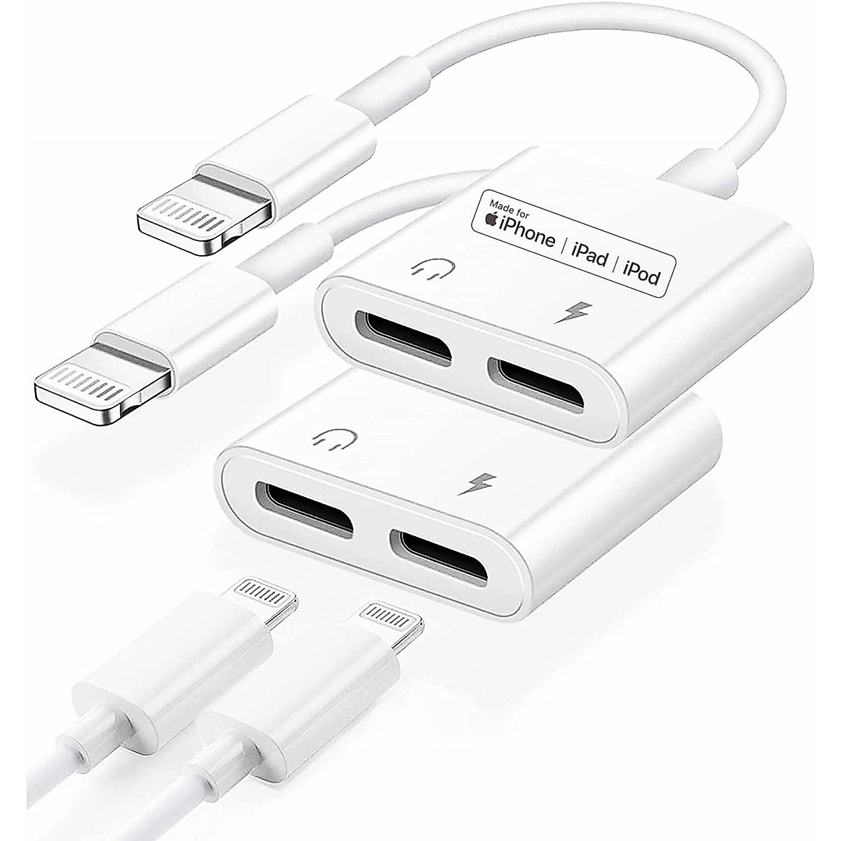 [Apple MFi Certified] 2PACK Dual Lightning iPhone Splitter & iPhone Dongle Adapter 4 in 1 Music+Charge+Call+Volume Control Compatible for iPhone 14/13/12/11/XS/XR/8/7/6/iPod/iPad