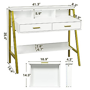 Tiptiper Modern Computer Desk with Drawers, Home Office Desk with Monitor Stand and Built-in Hutch, Writing Desk Workstation Table with Bookshelf, for Work & Study, White and Gold