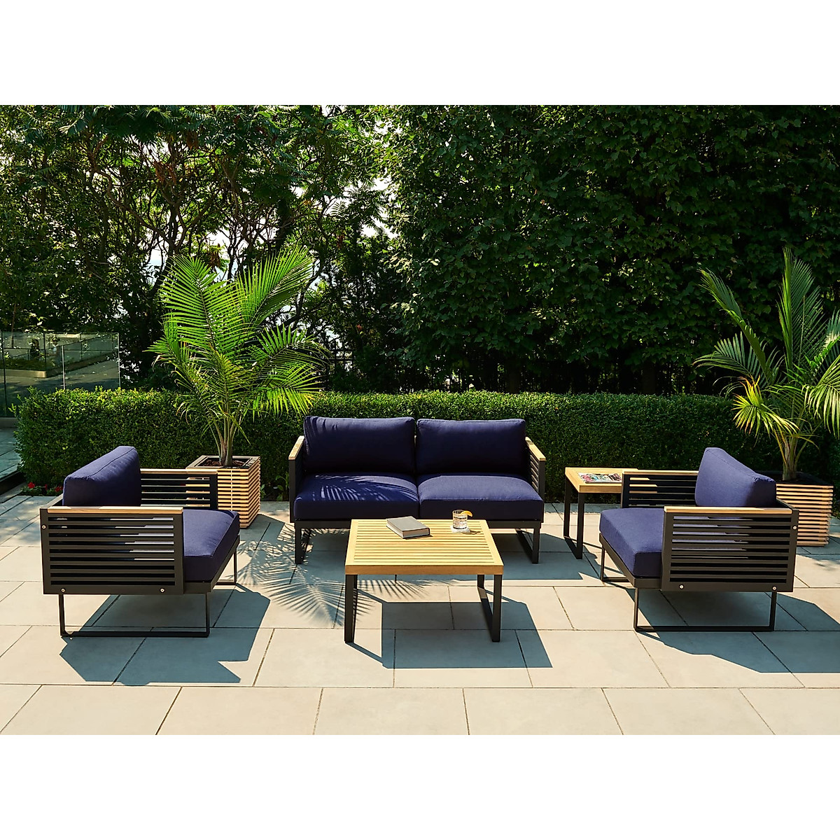 NewAge Products Outdoor Furniture Monterey 3 Piece Chat Set with Coffee Table, Patio Conversation Sets, Aluminum + Teak, Cast Silver, 91210