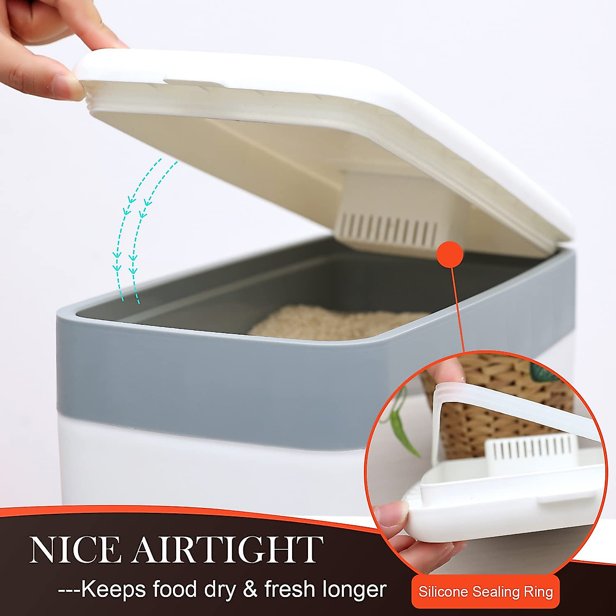 MATCHAIDEN7 26.5Lbs Airtight Rice Dispenser with Measuring Cup: Extra Large Rice Storage Container with Fresh Box and Side Storage Box, Perfect to Hold 25 Pounds of Rice