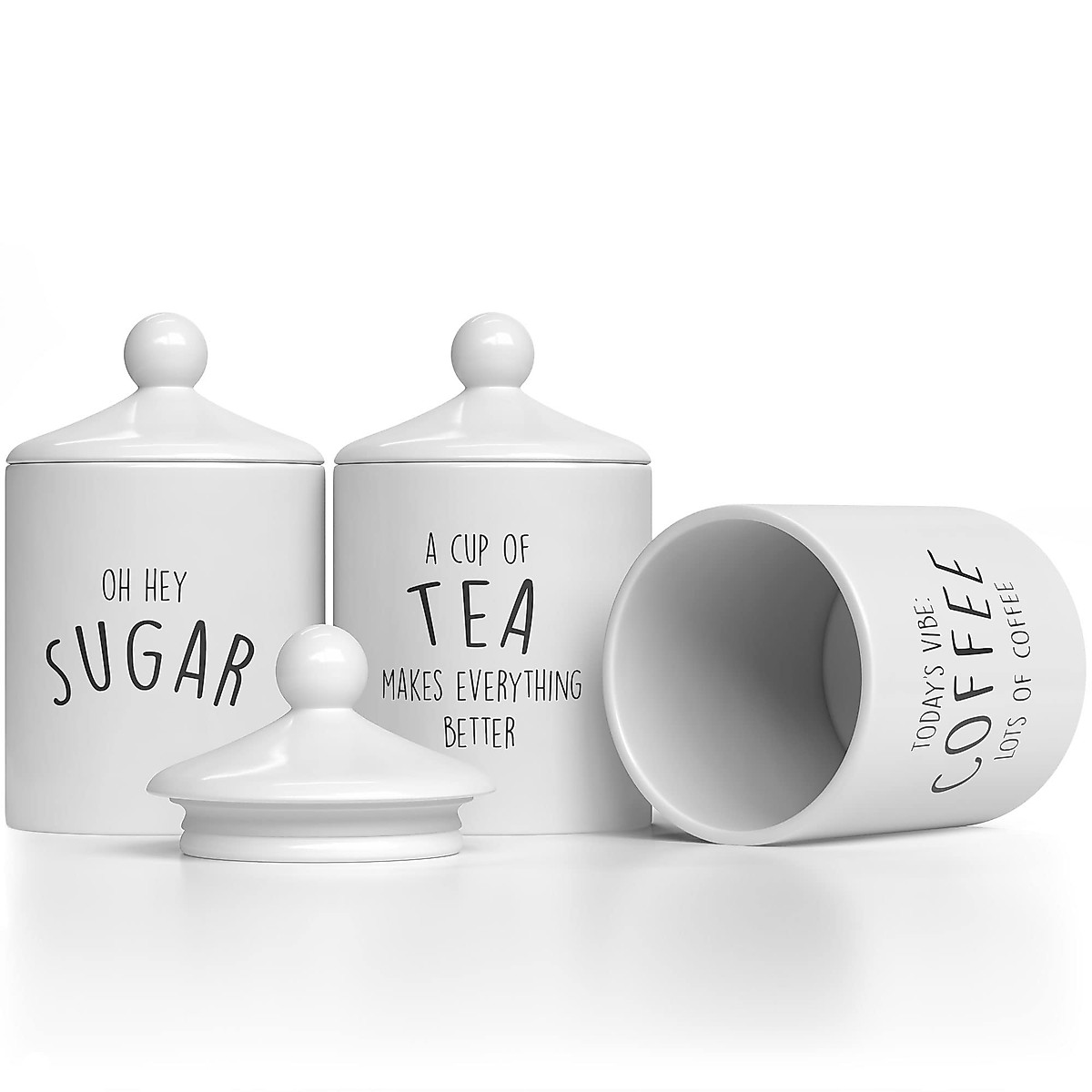 Barnyard Designs Canister Sets for Kitchen Counter, Ceramic Canister Set, Decorative Kitchen Canisters, Coffee Tea Sugar Container Set, Rustic Farmhouse Canisters Ceramic Jar, White, Set of 3