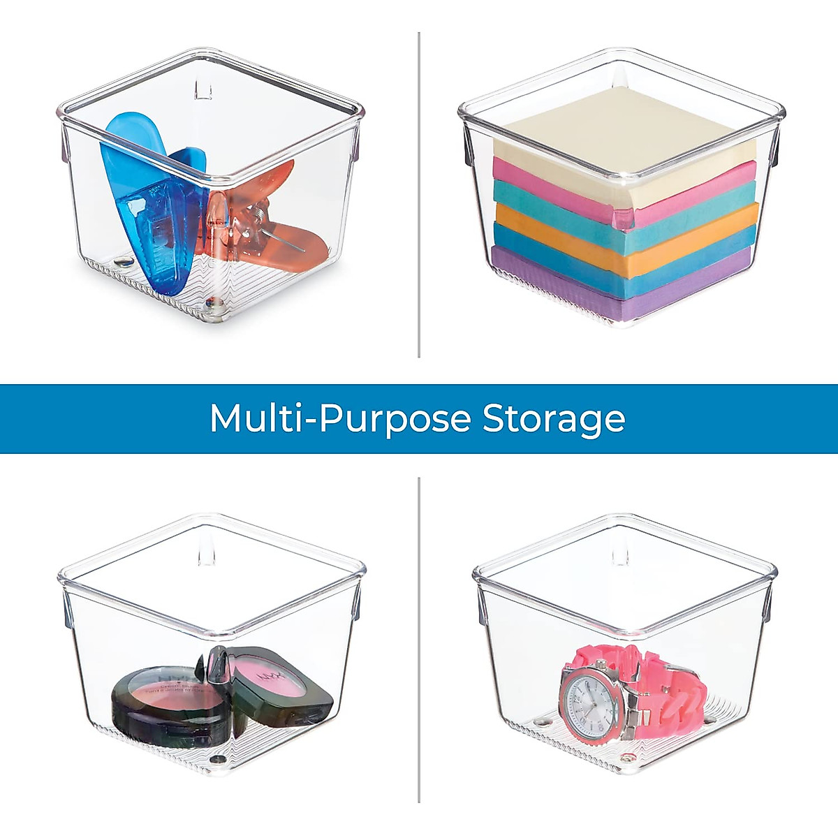 iDesign Linus Plastic Kitchen Drawer Organizer for Silverware, Spatulas, Cutlery, Gadgets, Office Supplies, Cosmetics, 4" x 4" x 3", Set of 2, Clear