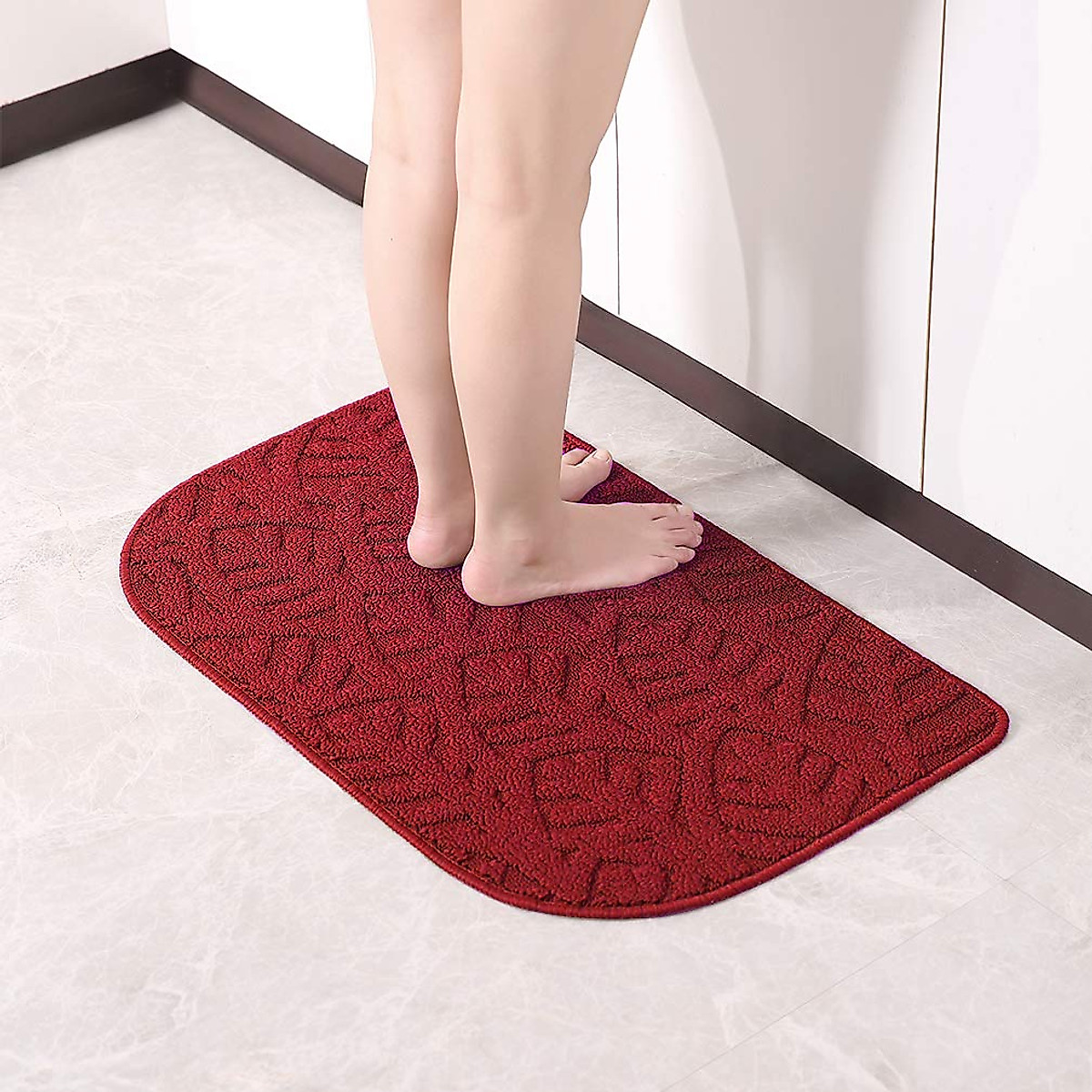 VANZAVANZU Kitchen Rug Mats, 30"x18" Non Slip Kitchen Mat Irregular Half Round Kitchen Carpet, Designed in Latex Backing Absorbent and Machine Washable for Kitchen Doorway Bathroom Floors (Red)