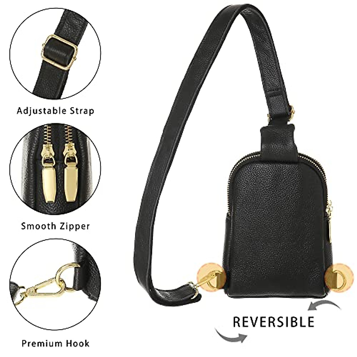 Crossbody Fanny Packs Sling Bag for Women, Fashionable Leather Sling Purses,Mini Belt Bag Stylish Shoulder Small Purse for Travel, Hiking, Running, Sports(1-Black)