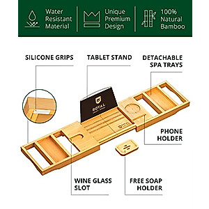 Foldable Bathtub Tray Caddy Bamboo Bathtub Tray Expandable, Bath Tub Table Caddy with Extending Sides - Free Soap Dish