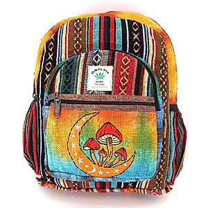Unique Moon & Mushroom Embroidered Himalaya Hemp Hippie Backpack Festival Backpack FAIR TRADE Handmade with Love. (MINI)