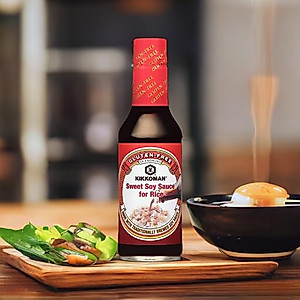 Kikkoman sweet soy sauce for rice 10 Fl Oz (Pack of 3) with Moofin Golden SS Spoon - Gluten Free Kecap Manis Sweet Soy Sauce Kikkoman